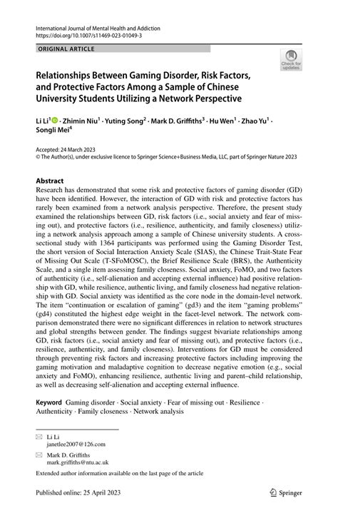 Pdf Relationships Between Gaming Disorder Risk Factors And Protective Factors Among A Sample