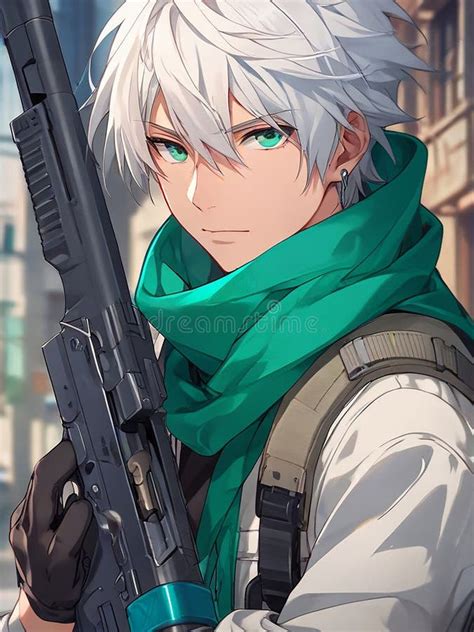 Male Anime Character With White Hair Green Eyes Blue Scarf Carrying