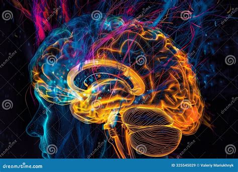 Detailed Abstract Art Of Human Brain Illuminating Neural Interactions