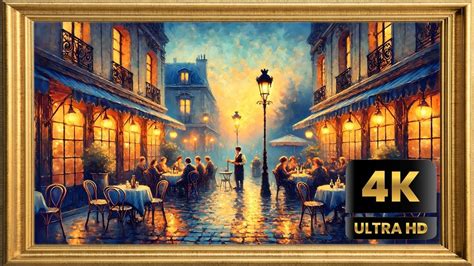 Vintage Café At Twilight 4k Impressionist Art Wooden Gold Frame 2