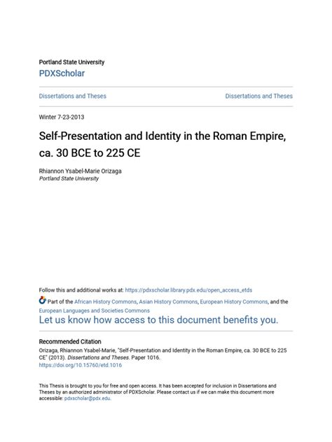 Self Presentation And Identity In The Roman Empire Ca 30 Bce To Pdf