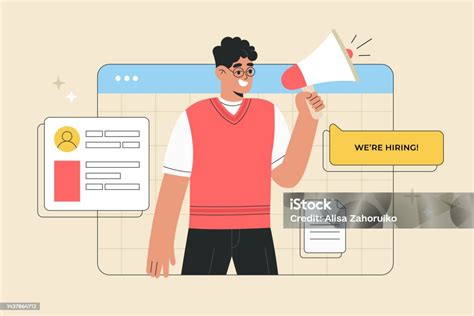 컴퓨터 화면의 남자 고용주는 시끄러운 스피커에서 외칩니다 모집 대행사 개념에 대한 스톡 벡터 아트 및 기타 이미지 개념 객실 있음 검색 Istock