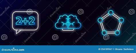 Set Line Geometric Figure Pentagonal Prism Equation Solution And Human Brain Icon Glowing Neon