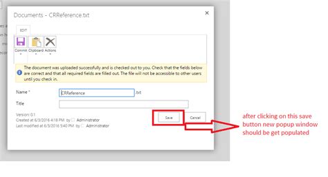 sharepoint designer open pop up message window on click of save