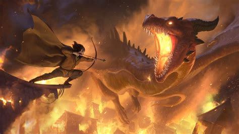 A Man With A Bow And Arrow Standing In Front Of A Fire Breathing Dragon