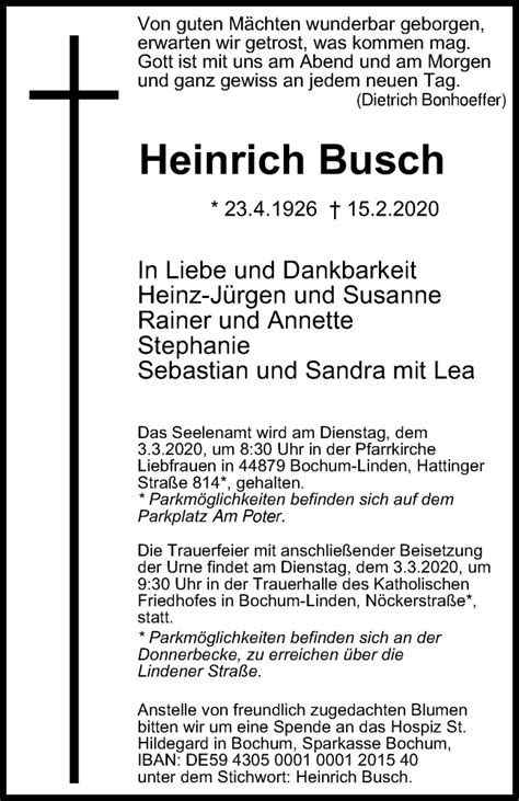 Traueranzeigen Von Heinrich Busch Trauer In NRW De