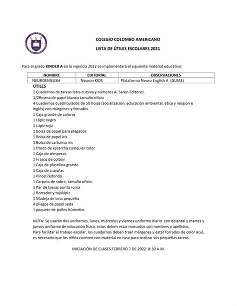 Pdf Colegio Colombo Americano Lista De Útiles Escolares Dokumentips