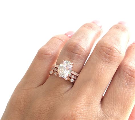 Wedding Ring Set Rose Gold Oval Engagement Ring Set Stacking Etsy