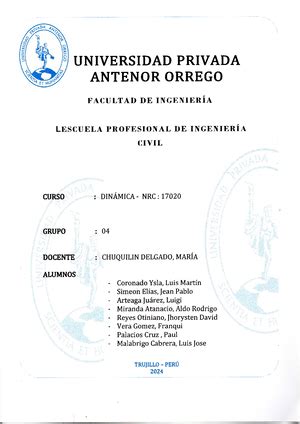 Taller 4 Ejercicios Dinamica UNIVERSIDAD PRIVADA ANTENOR ORREGO