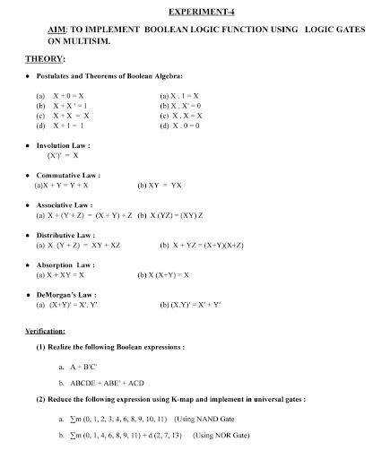Experiment 4aim To Implement Boolean Logic Function Using Logic Gates O