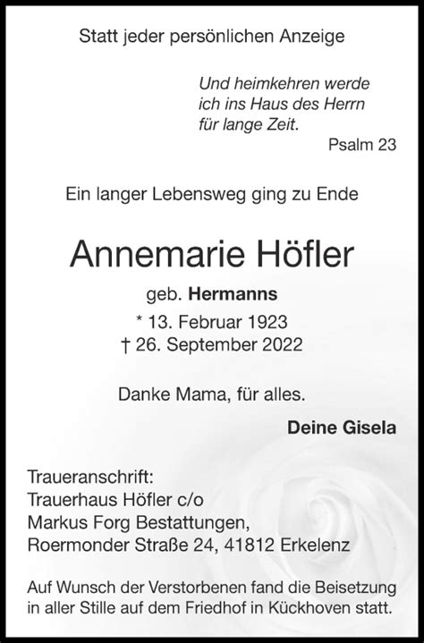 Traueranzeigen Von Annemarie Höfler Aachen Gedenkt