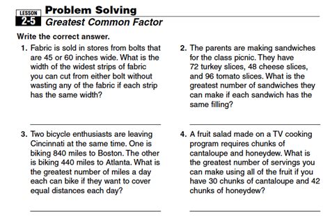 Greatest Common Factor Word Problems Worksheet