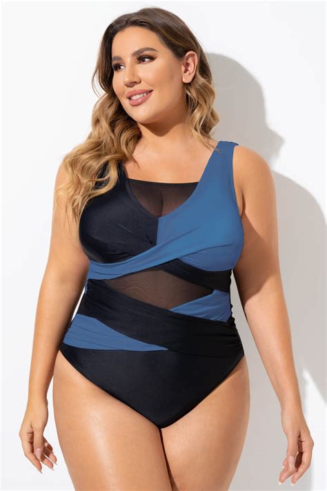 Black And Blue Sexy Cut Out Mesh One Piece Swimsuit Meet Curve Meet