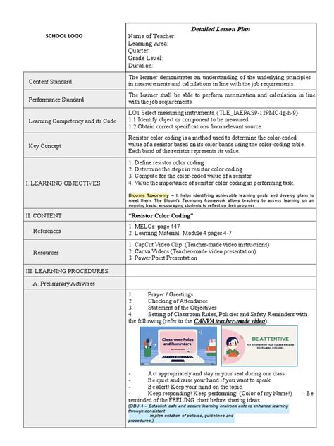 detailed lesson plan on teaching resistor color coding pdf