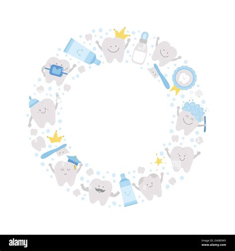 Vector Round Frame With Cute Teeth Wreath Card Template With Kawaii