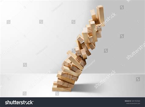 318 Tower Wooden Blocks Isolated Tower Collapses On White Background