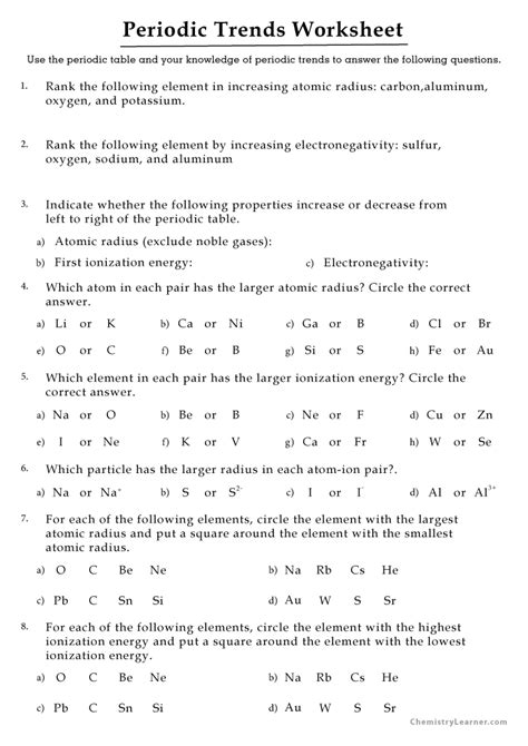 Free Printable Periodic Trends Worksheets