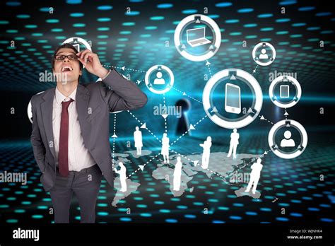 Thinking Businessman Touching His Glasses Against Keyhole On Technological Glowing Background