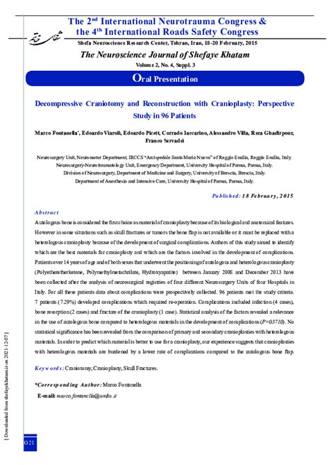 Pdf O21 Decompressive Craniotomy And Reconstruction With
