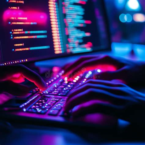 programmer typing code on illuminated keyboard at night stock