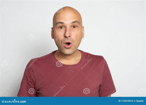 Shocked Caucasian Guy Funny Bald Man Isolated Stock Photo Image Of