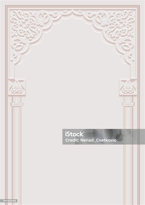 장식 무늬 돌 기복과 이슬람 모스크의 기둥 아랍 건축 스타일의 아치에 양식 된 문 라마단 카림에 대 한 인사말 카드 Eid Ul Fitr에 대한 스톡 벡터 아트 및 기타