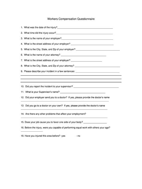 Fillable Online Workers Compensation Questionnaire Walters
