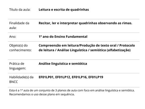 Leitura e escrita de quadrinhas Planos de aula 1º ano Língua