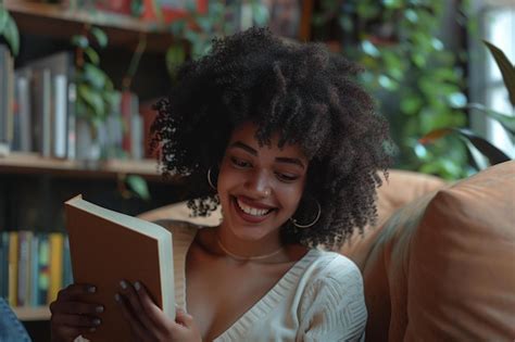 premium photo woman smiling while reading a book