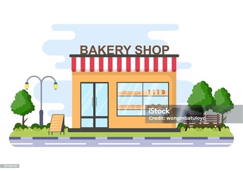 포스터 일러스트레이션을 위해 평평한 배경에서 구운 백빵 페이스트리 등 다양한 종류의 빵을 판매하는 베이커리 숍 빌딩 건강한 생활방식에 대한 스톡 벡터 아트 및 기타 이미지