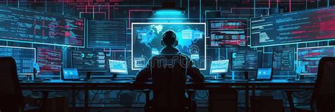 A Hacker Focused Intently On Multiple Computer Screens In A Dimly Lit