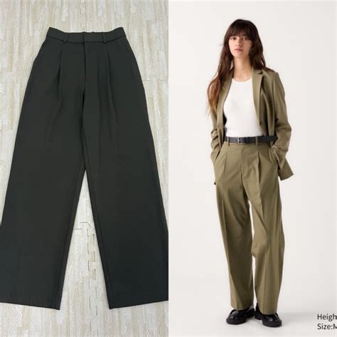 กางเกงยูนิโคล่ Pleated Wide ขากว้าง สีเขียวขี้ม้า S เอว 25 26 นิ้ว 60
