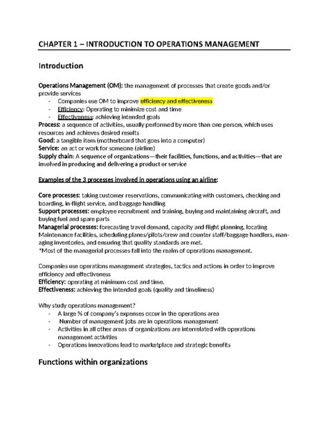 Midterm 1 Chapters Chapter 1 Introduction To Operations Management Introduction Operations
