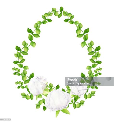 수채화 꽃 화환 손으로 그린 모란과 녹색 잎은 흰색 배경에 고립되어 있습니다 흰색 꽃과 녹지 프레임 초대장을위한 둥근 식물 디자인 날짜 카드를 저장합니다 0명에 대한 스톡