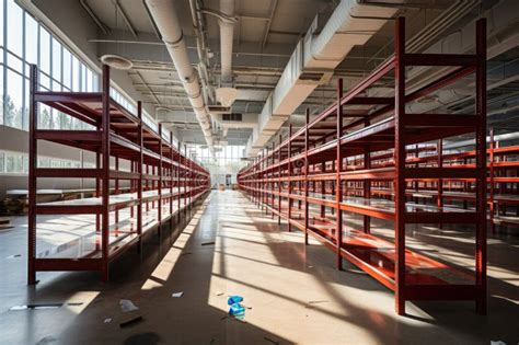 Empty Rack Shelf In Mega Storehouse Logistic Concept Stock