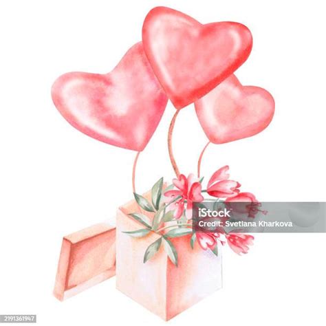 꽃과 풍선이 들어있는 선물 상자 발렌타인 데이 선물 디자인 포스터 인쇄 의류 직물 어린이 방 장식에 대 한 고립 된 수채화 그림 2월에 대한 스톡 벡터 아트 및 기타 이미지