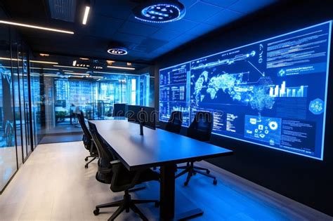 Modern Cybersecurity Center Monitoring Global Network Activity With Technology Stock Image