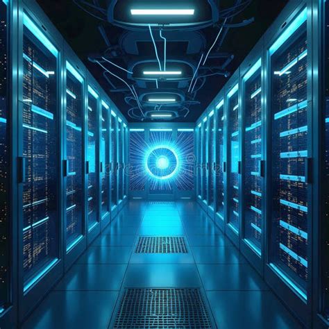 Futuristic High Tech Server Room With Digital Data And Cybersecurity