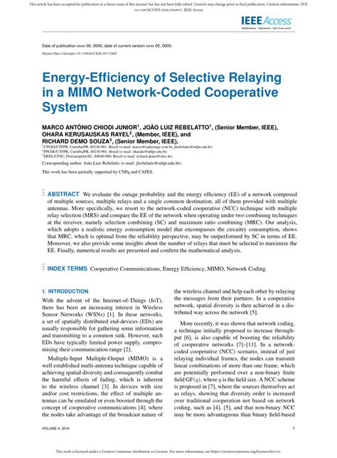 Pdf Energy Efficiency Of Selective Relaying In A Mimo Network Coded Cooperative System