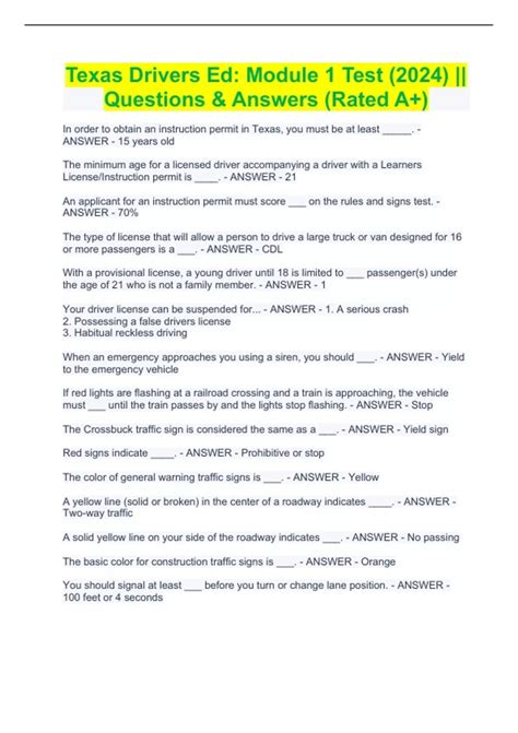 Texas Drivers Ed Module 1 Test 2024 Questions And Answers Rated A
