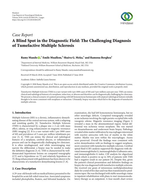 Pdf A Blind Spot In The Diagnostic Field The Challenging Diagnosis Of Tumefactive Multiple