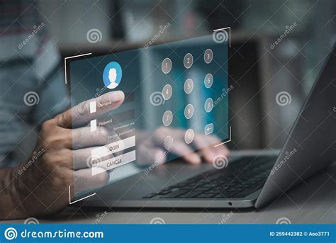 Man Using Laptop Computer And Sign Up Or Log In Username Password Virtual Touch Screen Stock