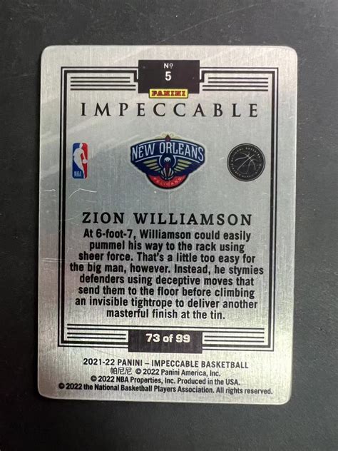 2021 22 Panini Impeccable Zion Williamson 【肥猫代卖】y哥 小真金 鹈鹕 锡安威廉姆森 胖虎 99编
