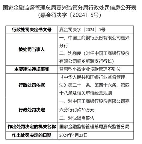 工商银行嘉兴分行因小微企业贷款管理不到位被罚30万元产品发展经营