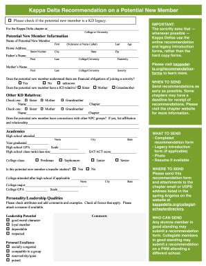 2013 Form Kappa Delta Recommendation On A Potential New Member Fill