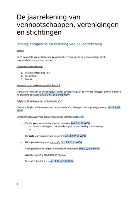 Samenvatting Jaarrekening De Jaarrekening Van Vennootschappen Verenigingen En Stichtingen