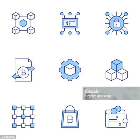 블록 체인 아이콘 세트 라인 이중톤 스타일 편집 가능한 스트로크 블록 체인 쇼핑백 Nft 암호화 디지털 지갑 거래 0명에 대한 스톡 벡터 아트 및 기타 이미지 Istock