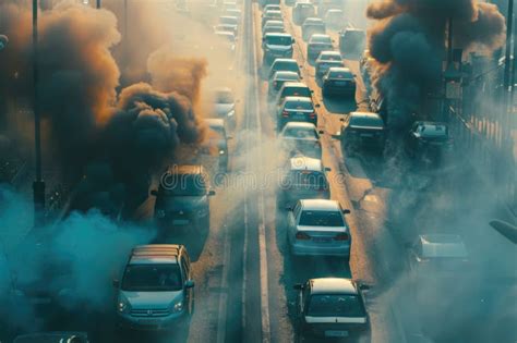 Urban Traffic Congestion With Exhaust Fumes Pollution Environmental And Transportation Concept