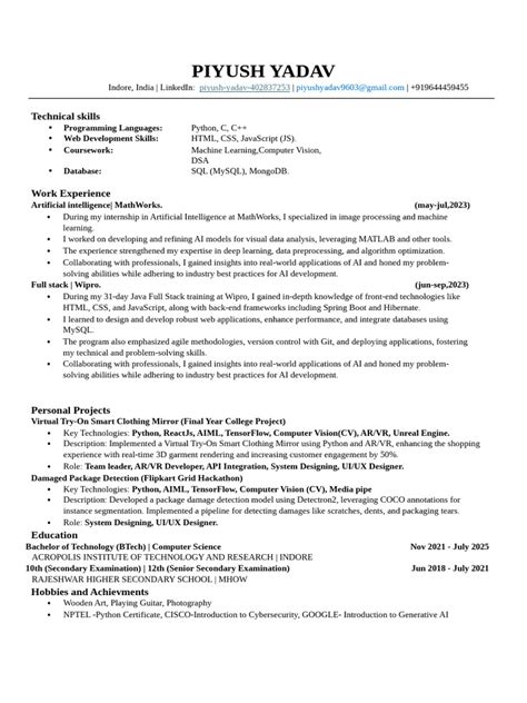 Prateek Porwal Resume Pdf Artificial Intelligence Intelligence Ai And Semantics