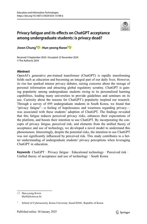 Pdf Education And Information Technologies Privacy Fatigue And Its Effects On Chatgpt